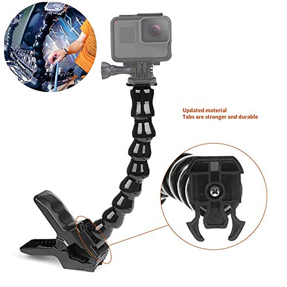 Eyeon Jaws Flex Clamp Mount Accessory Holder with Adjustable Gooseneck Arm for GoPro 2018 7 6 5 4 3, Xiaomi YI 4K, SJCAM, Campark, Apeman, Crosstour, Victure Camera