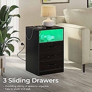 Seventable Nightstand with Wireless Charging Station and LED Lights, Modern End Side Table with 3 Drawers and Open Compartment for Bedroom, Black