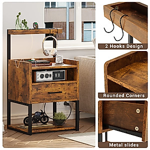 AOGLLATI Nightstand Set of 2 with Charging Station, Rustic Brown Night Stands for Bedroom Set of 2, Bedside Table with Storage Drawer and LED Light, End Side Table with USB Ports Easy Assembly