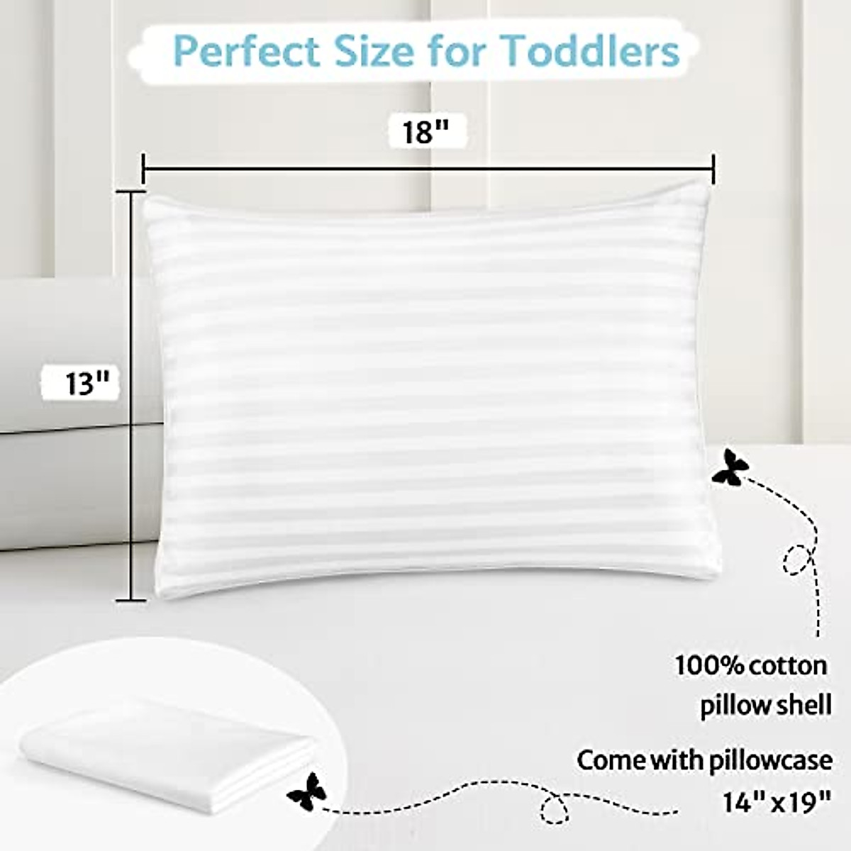 Toddler Pillow- 13X18 Baby Pillows for Sleeping- Small Kids Pillow with Soft Cotton Pillowcase- Machine Washable- Perfect for Cribs Bed Sets, Toddler Cots, Travel (White)