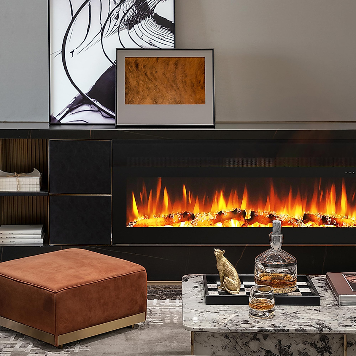 60 inches Electric Fireplace, Recessed and Wall Mounted Fireplace, Adjustable 20 Flame Colors and 5 Speeds, Remote Control & Touch Screen with Timer, Linear Fireplace W/Thermostat, Black