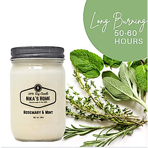 Nika's Home Rosemary Mint Soy Candle 12oz Mason Jar Non-Toxic White Soy Candle Handmade, Long Burning 50-60 Hours Highly Scented All Natural, Clean Burning Large Candle Gift Décor