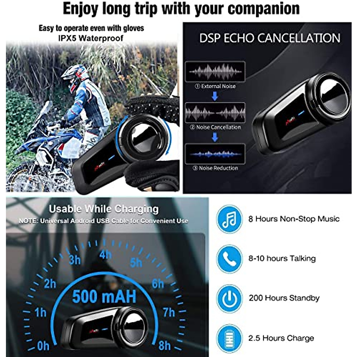 QSPORTPEAK Motorcycle Helmet Bluetooth Intercom Headset Communication Systems Kit, M2 Full Duplex 6 Riders Group Helmet Intercom/FM Radio/Voice Prompt/MP3/GPS Connective/Range 1000m/IP67 Waterproof