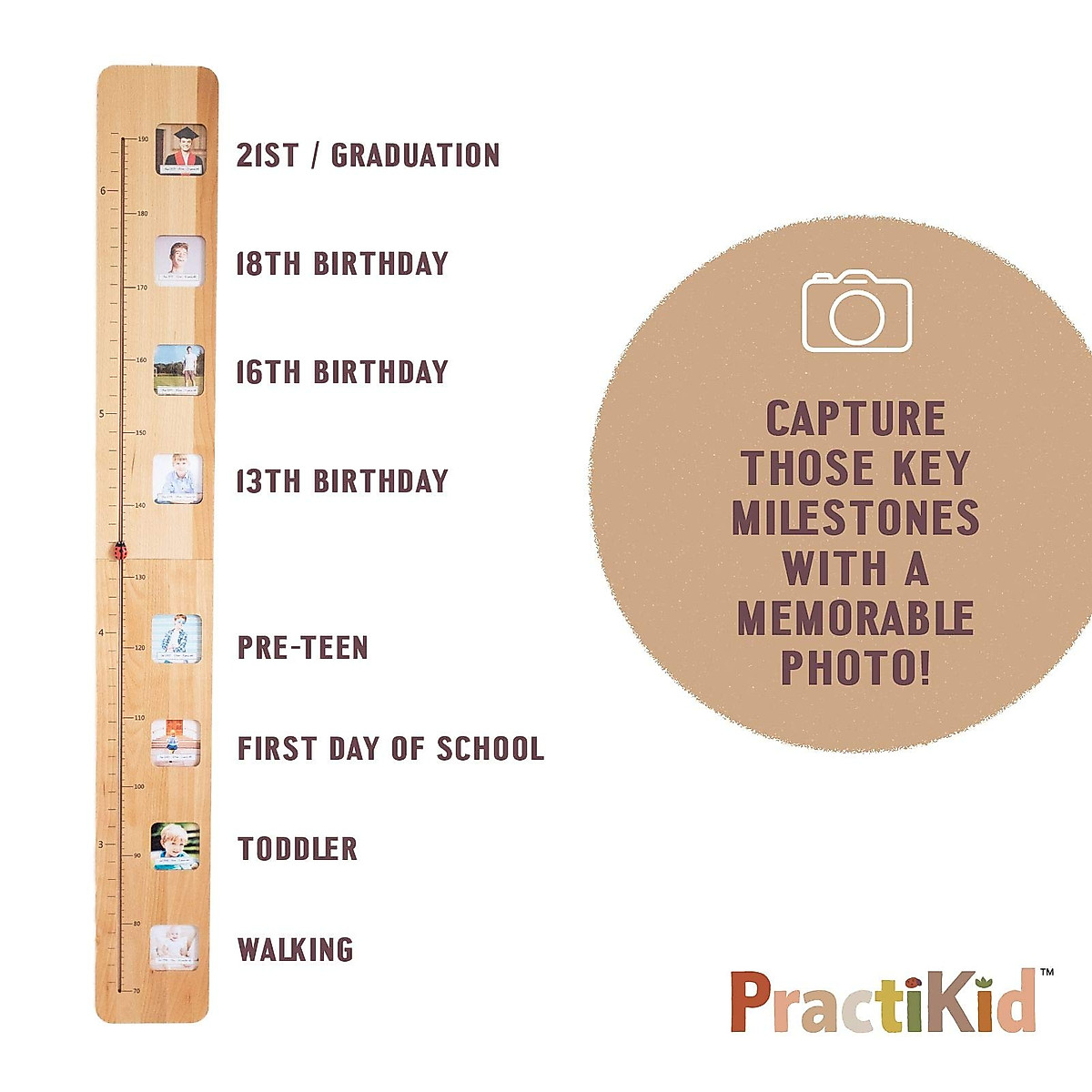 Kids Beech Wood Wall Growth Chart with Photo Windows. Capture Growth Milestones with Pictures. Neutral Wooden Decor Height Ruler Keepsake Gift for Babies, Boys or Girls