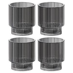 American Atelier Vintage Art Deco Fluted Drinking Glasses, Set of 4 Modern Kitchen Glassware Set | Old Fashion Tumbler for Cocktails and Water | Ribbed Lowball Glass Cup for Whiskey (Smoke Grey)