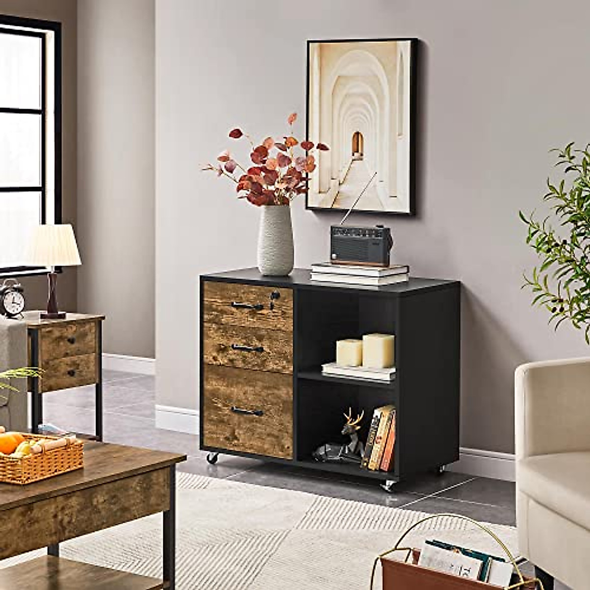Yaheetech Lateral File Cabinet with Lock for Letter, A4 Size, 3 Drawer Printer Stand with Open Storage Compartments, Mobile Filing Cabinet for Home Office, Black/Rustic Brown