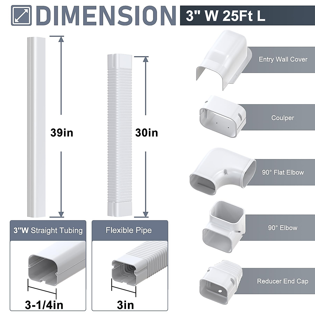 Flamorrow Decorative PVC Line Set Cover Kit, 3" 25 Ft Line Cover Kit for Ductless Mini Split Air Conditioner, Central AC and Heat Pump System