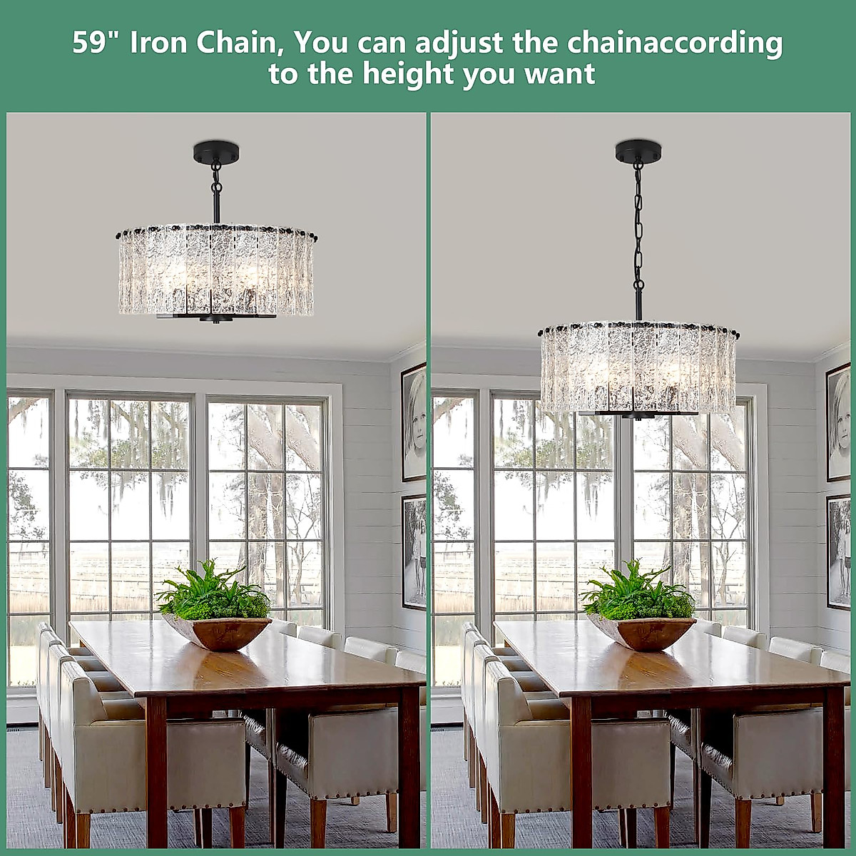 CWarmozy 19.7'' Luxury Black Chandelier for Dining Room 5-Light Modern Crystal Chandeliers Water Ripple Glass Light Fixture Elegant Ceiling Hanging Light for Kitchen Island Bedroom Living Room