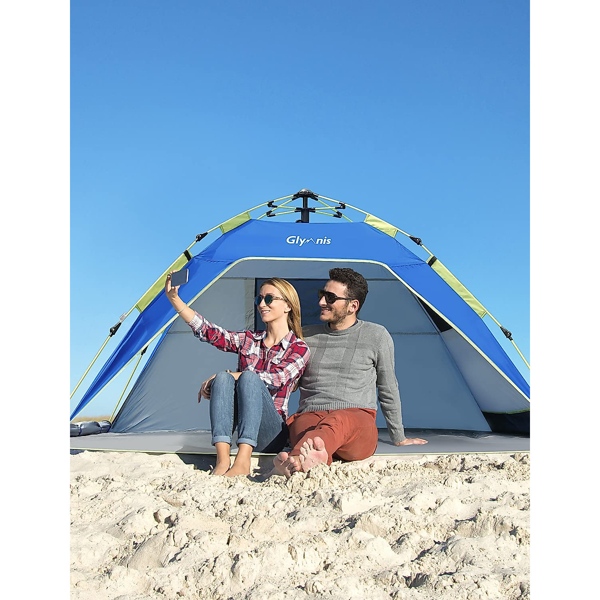 Glymnis Pop Up Beach Tent Sun Shade Shelter for 4 Person with UPF 50+ Easy Setup, 3 Ventilation Windows, Extended Floor Family Instant Beach Tent