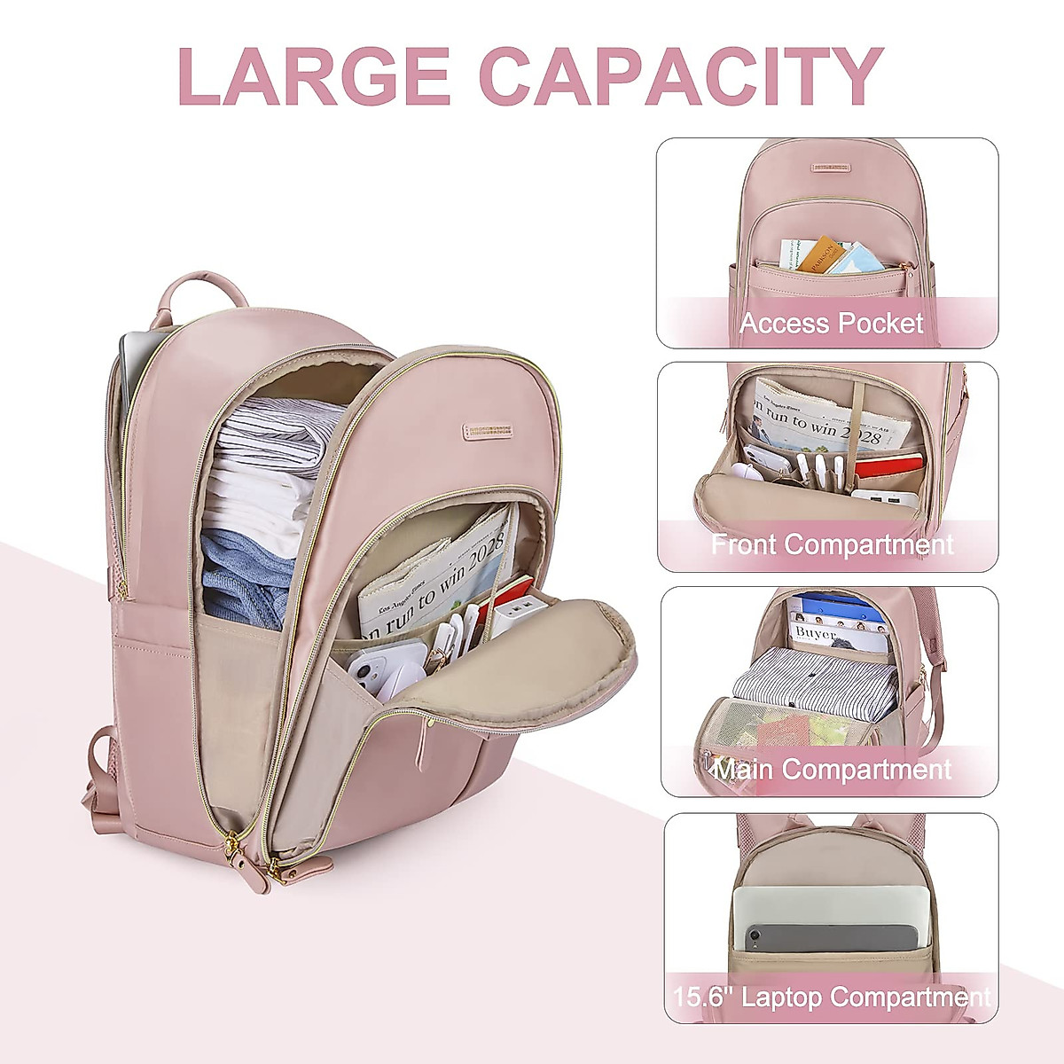 LIGHT FLIGHT Laptop Backpack for Women fits 15.6'' Computer Backpack with USB Charging Port, for Book Bag Work College Business Travel,Pink