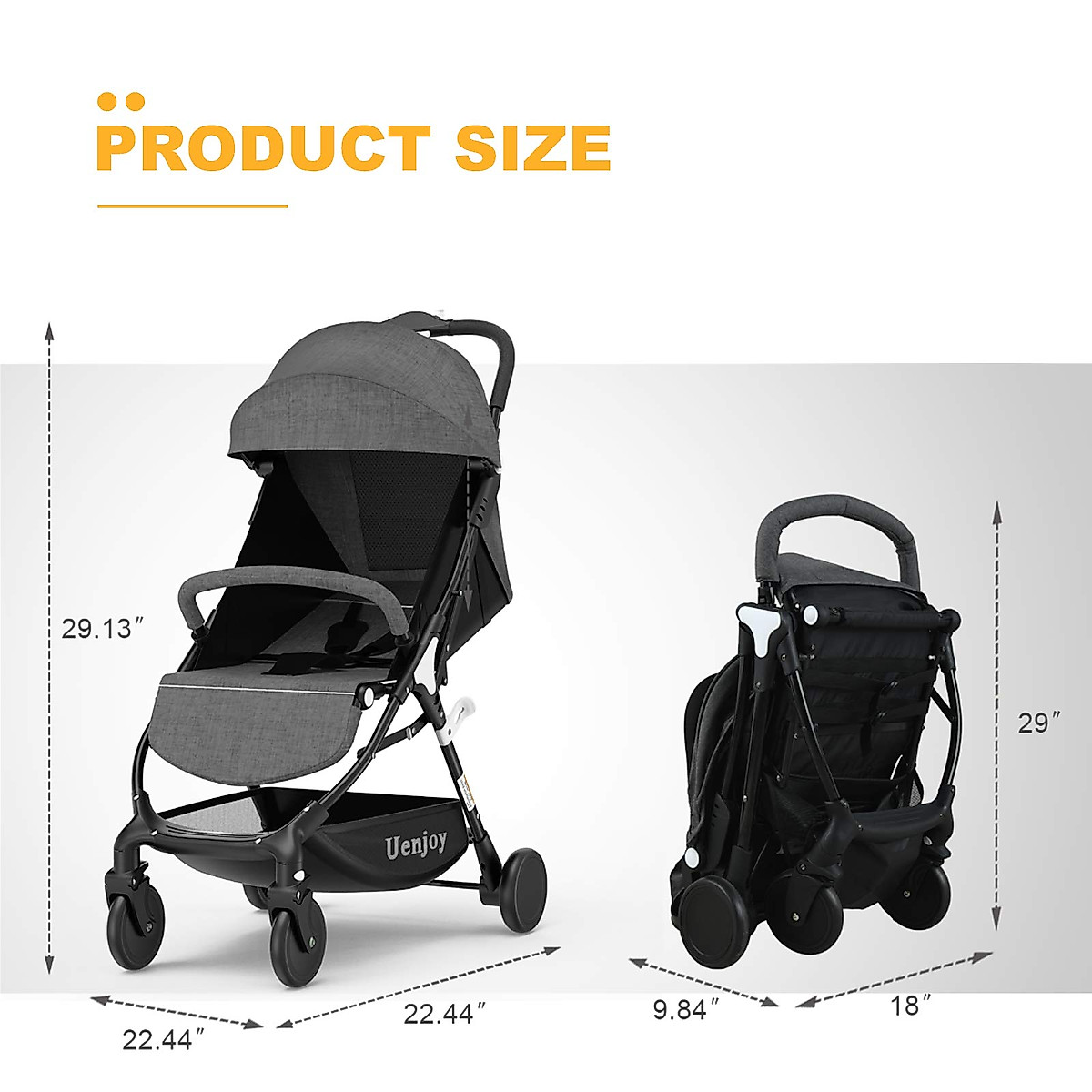 Uenjoy Baby Stroller One-Click Foldable Lightweight Stroller, with Lockable Universal Wheels, Five-Point Safety Belt, Adjustable Awning, Variable Seat and Recliner,Gray