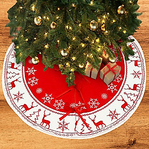 OurWarm Christmas Tree Skirt 36 Inch, Small Xmas Tree Skirts with Snowflake and Reindeer Pattern, Red and White Tree Mat for Christmas Winter Holiday Indoor Decorations