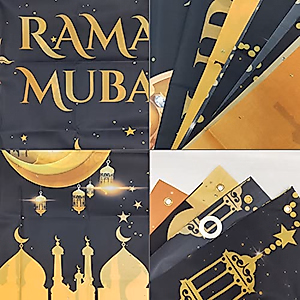 JKQ Ramadan Mubarak Backdrop Banner 71 x 43 Inch Muslim Ramadan Background Banner Lantern Moon Castle Islamic Eid Mubarak Festival Party Decorations Ramadan Kareem Indoor Outdoor Photo Booth Props