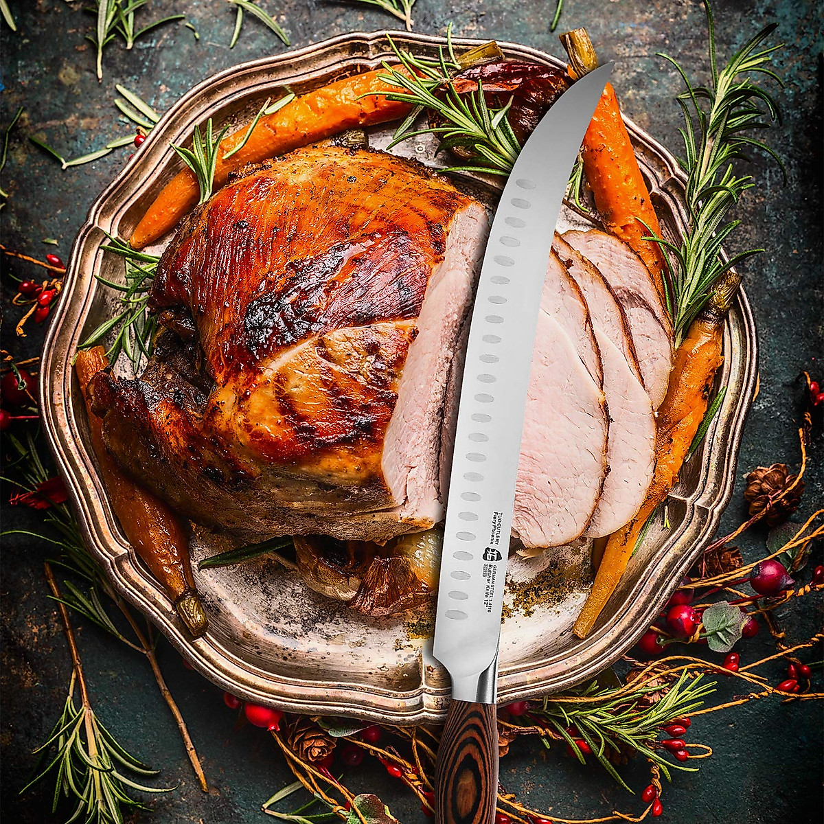 TUO Butcher Knife - 12 Inch Breaking Butcher s Knives Curved Granton Edge Carver Slicing Knife Long Meat Veggies Cleaver - German HC Steel Comfortable Pakkawood Handle - Fiery Series Gift Box Included