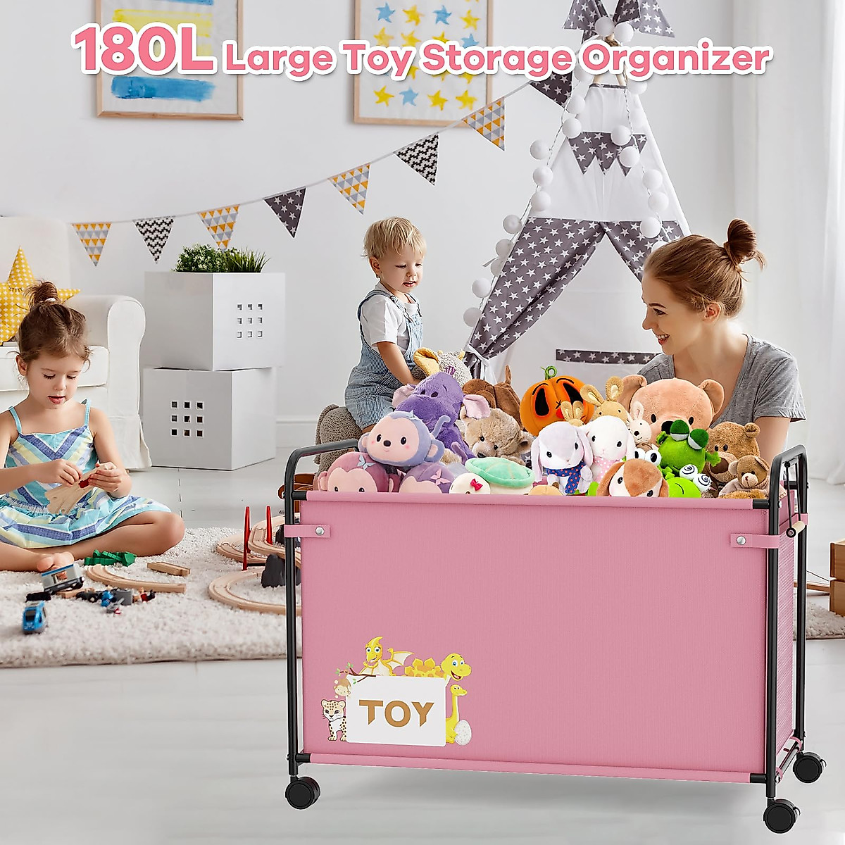 JBBTOOL Toy Box Storage, 180L Extra Large Toy Chest with 360° Wheels, Oxford Cloth Metal Toy Box for Boys, Girls, Stuffed Animals, Clothes, Bedroom, Living Room (Pink)