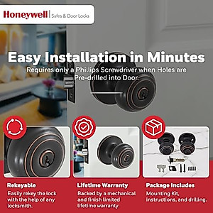 Honeywell Safes & Door Locks - Interior & Exterior Door Knob with Lock & Keys Set - Anti Bump Resistant Front Door Knob for Bedroom & Bathroom - 6.5 x 2.75 x 2.75 in - Oil Rubbed Bronze - 8101401