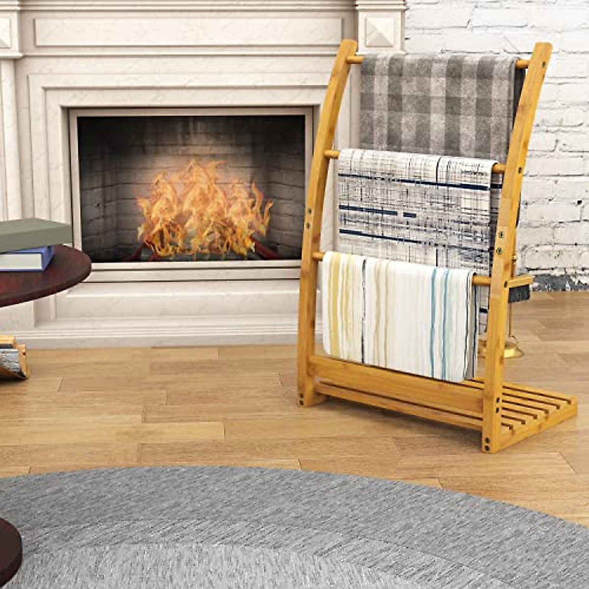 3 Tier Bamboo Towel Rack Stand Free Standing Blanket Rack with Bottom Storage Shelf for Bathroom Living Room 33.3x19.7x12.5 Inch