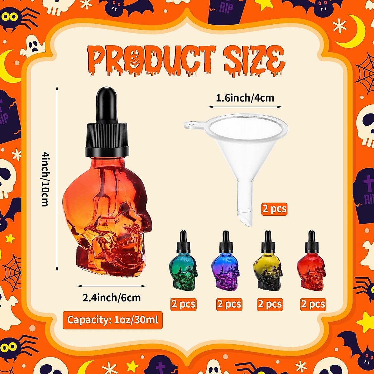 8Pack 1oz Skull Glass Dropper Bottles Empty Refillable Bottles Clear Skull Head Glass Bottle Liquid Bottling Dispensing Bottle with Eye Dropper Pipettes for Essential Oil/Beauty Oil Mix Dispenser