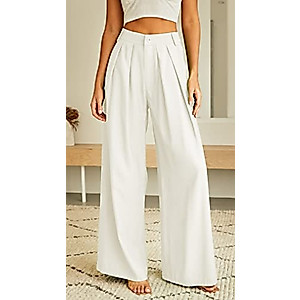 SIFLIF Women's High Waist Casual Wide Leg Palazzo Pants, Dress Pants for Women, Work Pants with Pockets for Women Office. White