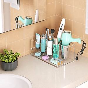 HIIMIEI Hair Tool Organizer, Clear Acrylic Hair Dryer Organizer with Drawer, Hair Styling Tool Organize, Bathroom Vanity Countertop Storage Organizer for Blow Dryer, Curling Irons, Makeup, Toiletries