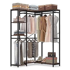Tribesigns L Shaped Closet Organizer, Freestanding Corner Clothes Garment Rack with 4 Hanging Rods and Open Shelves, Heavy Duty Metal Clothing Rack Wardrobe Storage Closet for Bedroom, Rustic Brown