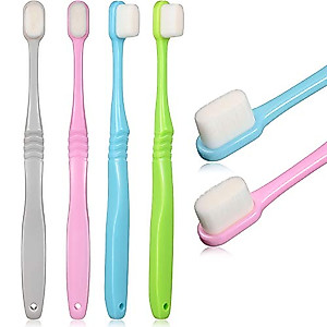 4 Pieces Soft Micro-Nano Manual Toothbrush Extra Soft Bristles Toothbrush with 20,000 Bristles for Fragile Gums Adult Kid Children (Blue and Pink Smooth) (Blue, Gray, Green, Purple)