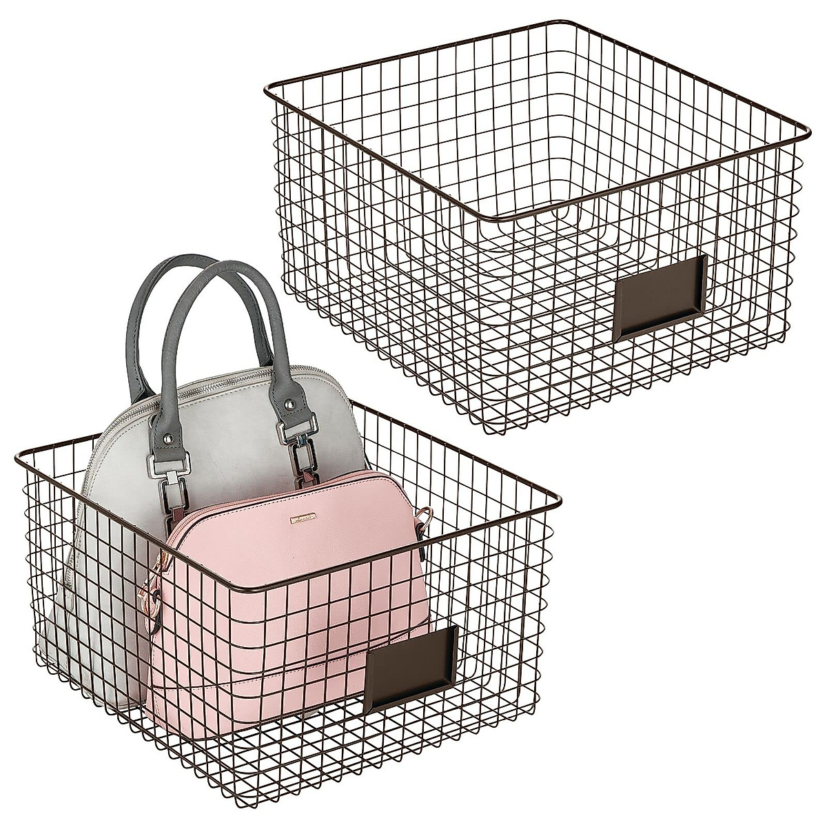 mDesign Wide Metal Farmhouse Storage Organizer Bin Baskets with Label Slot for Closet, Cabinet, Cupboard - Wire Organizing Basket Holds Clothing, Linens, Shoes, Omaha Collection, 2 Pack, Bronze
