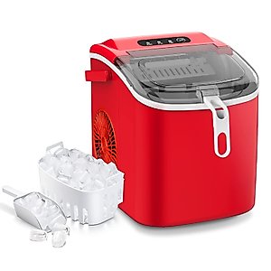 Joy Pebble Ice Maker Countertop with Handle, Self-Cleaning Portable Ice Machine with Basket and Scoop, 9 Cubes in 6 Mins, 26Lbs/24H Handheld Ice Maker for Home/Kitchen/Office/Party (Red)