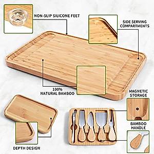 Bamboo Cheese Board, 5 Piece Large Charcuterie Boards and Knife Set - House Warming Gifts New Home, Wedding Gifts for Couple, Party Serving Platter, Anniversary Birthday Christmas Present for Women