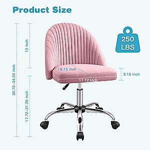 Furniwell Office Chair Armless Cute Desk Chair Modern Adjustable Swivel Padded Fabric Vanity Task Computer Chair Home Office Desk Chairs with Wheels (Pink)
