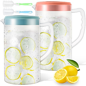 Bokon 2 Pcs 0.69 Gallon/ 88 Oz/ 2.6 l Plastic Pitcher with Lid Clear Water Jug Juice Beverage Jar with Handle Ice Tea Kettle for Hot Cold Mix Drink Lemonade, Pink and Blue Lid