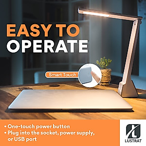Lustrat LED Desk Lamp - Minimalistic Office Desk Lamp - Rechargeable Lamp with Bed, Study, and Work Desk Light Modes - Portable Table Desk Lamp for Back to School and Work from Home Set-up - Silver
