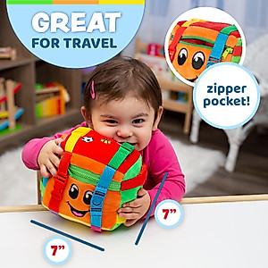 Buckle Toys - Bingo Cube - Toddler Plush Preschool Learning Activity Toy - Develop Fine Motor Skills - Counting and Math - Storage for Small Items