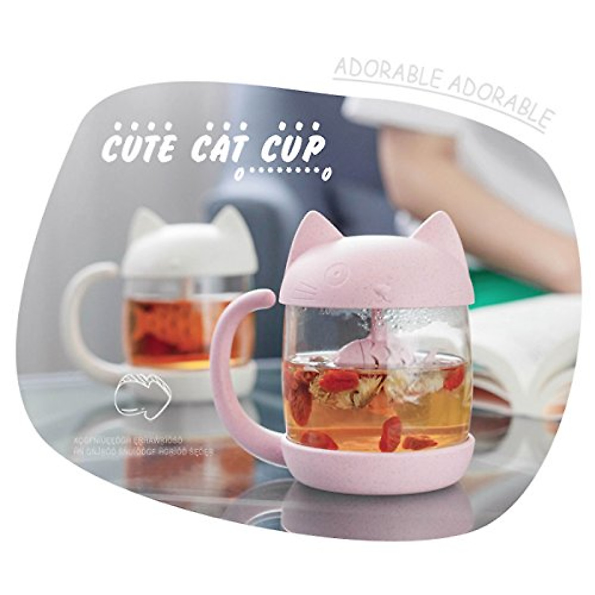 BigNoseDeer Cat Tea Cup Cute Tea Mug Glass Tea Pot with Fish Tea Infuser for Loose Leaf Tea (Pink 8oz)