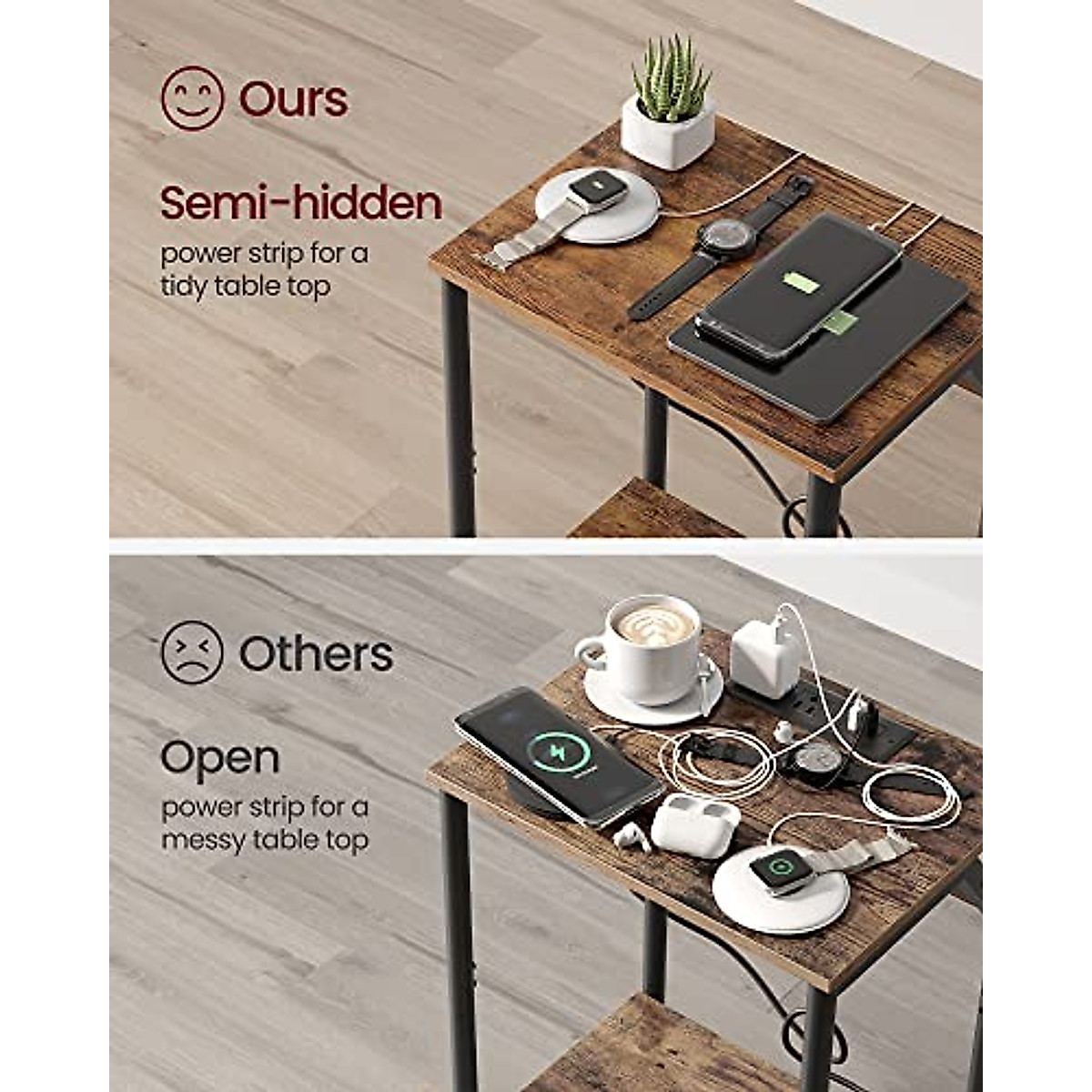 VASAGLE Side Tables with Charging Station, Set of 2 End Tables with USB Ports and Outlets, Nightstands for Living Room, Bedroom, Plug-in Series, Rustic Brown and Black ULET372B01