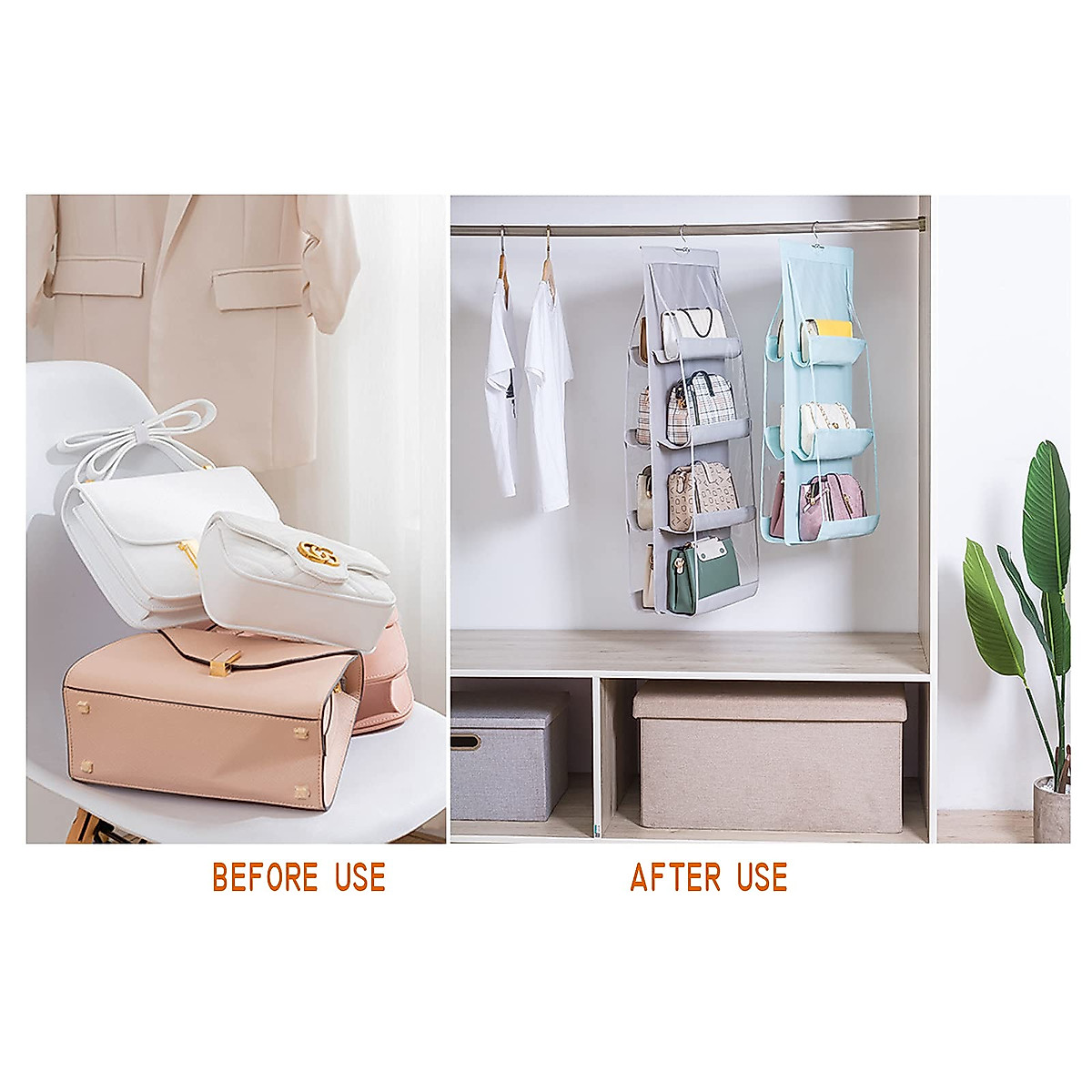 MURRI&MURRDI 2 Packs Hanging Handbag Organizer for Closet, Purse Storage Holder with 8 Easy Access Clear PVC Pockets, Purse Hanger for Wardrobe Space Saving Organizer (2 Gray)