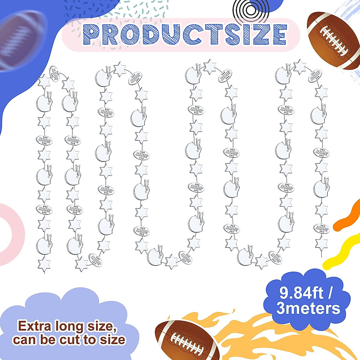 TecUnite 6 Pcs 9.84 ft Football Themed Garland Homecoming Mum Supplies Football Theme Beads String Plastic Football Garland Silver Football Beads Party for Homecoming Chrysanthemum Party Decorations