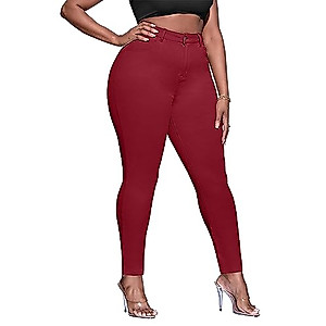 Gboomo Womens Plus Size Pants Skinny Tapered Comfy Stretch High Waist Ankle Jean Wine Red 14W