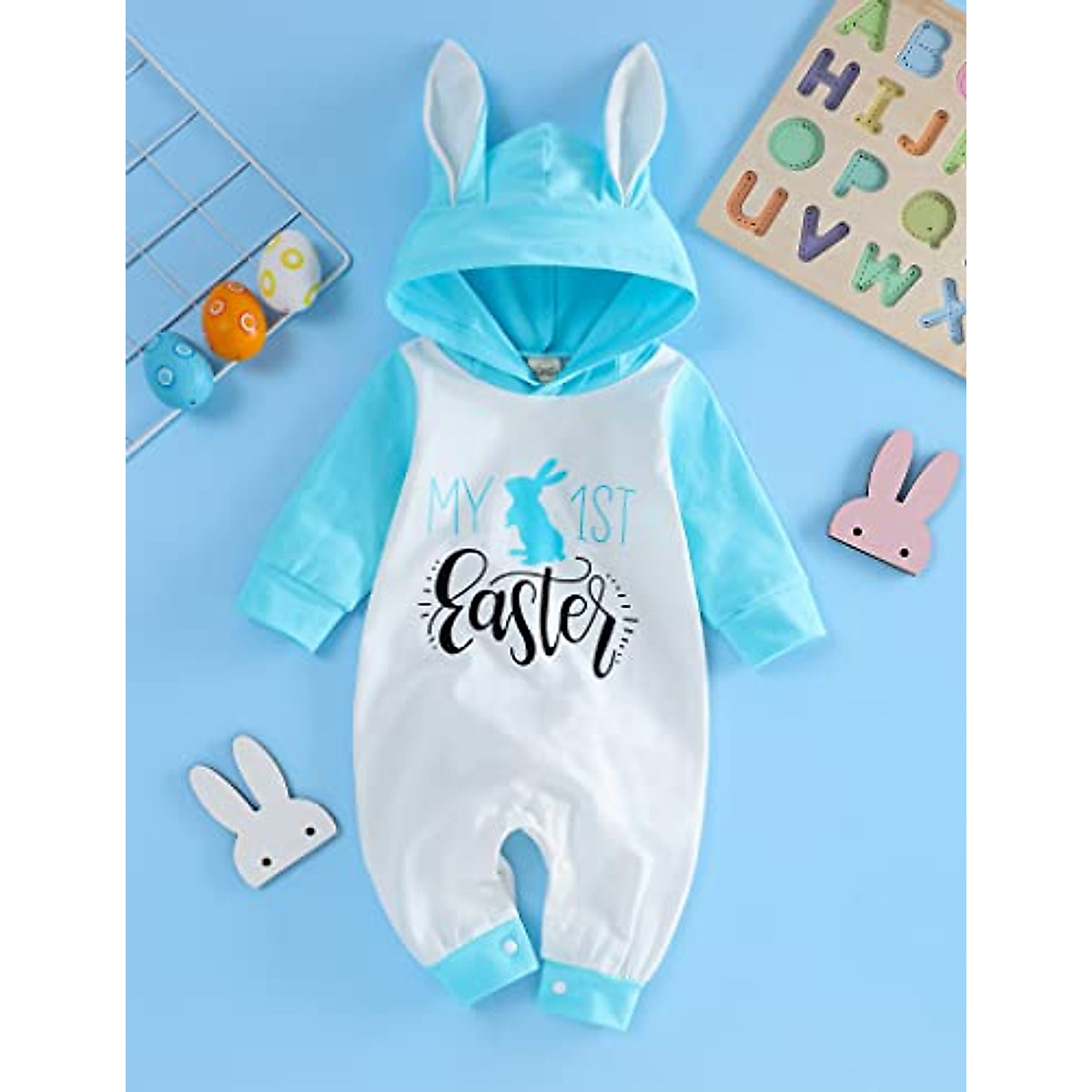 My 1st Easter Outfits Newborn Baby Boy Clothes Long Sleeve Rabbit Printed Rompers Jumpsuits Hoodies (White+Blue, 3-6Months)