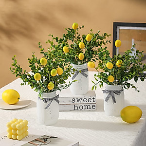 Lemon Mason Jars Centerpiece for Table, Wood Tray with 3 Painted Jars, Dining Coffee Table Centerpiece For Kitchen, Living Room, Spring Mason Jar Decor with Lemon