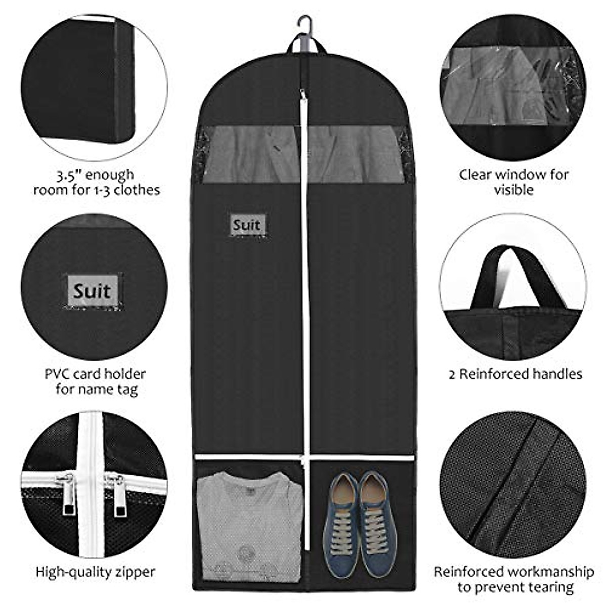 Cabilock Garment Bags Hanging Breathable Gusseted Garment Covers Travel Storage Suit Bag Cover with Clear Window and ID Card Holder for Suit Gowns Dresses Coats (Set of 2)