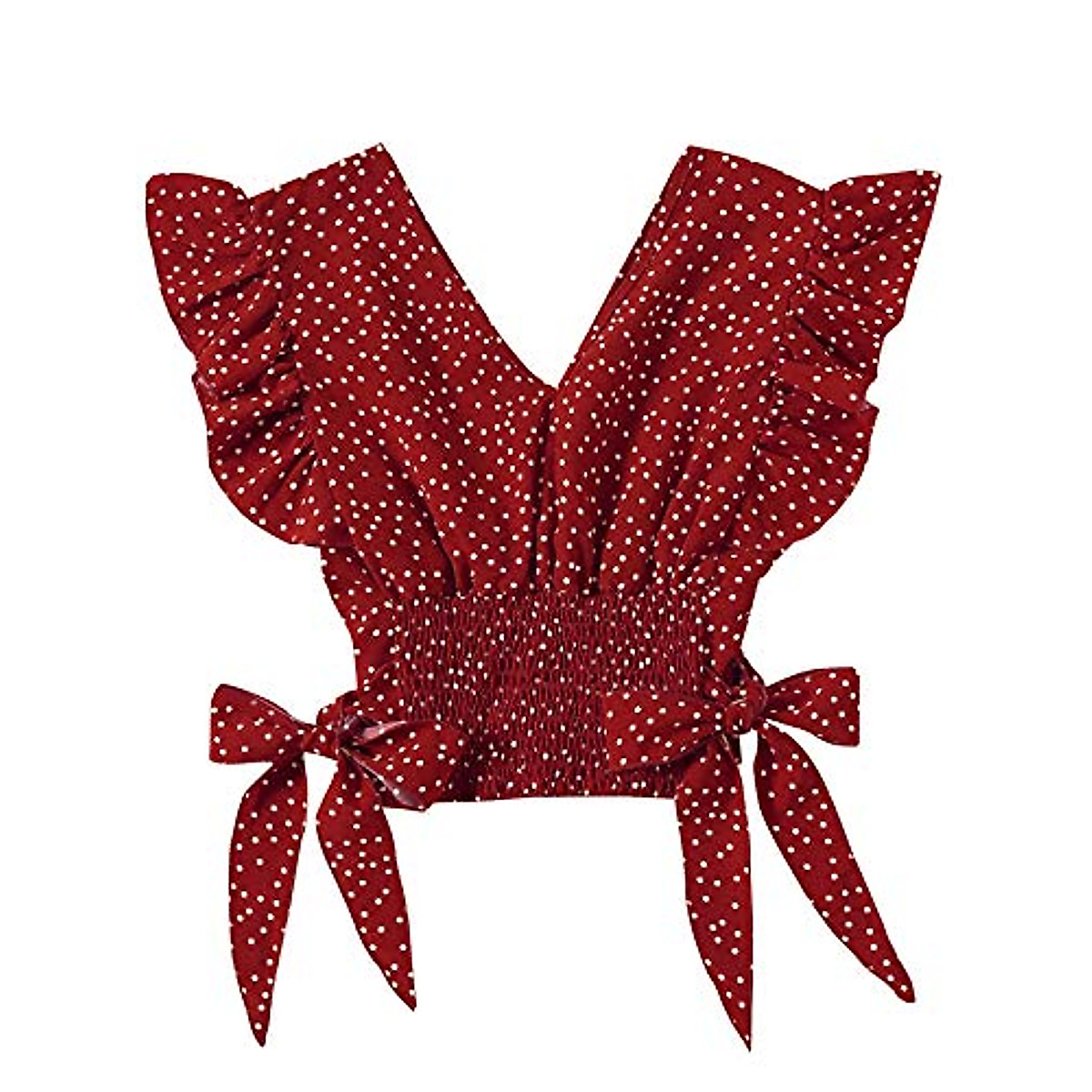 LYANER Women's V Neck Polka Dots Ruffle Cap Sleeve Shirred Hem Blouse Crop Tank Top Red Small