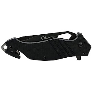 LA Police Gear LAPG EDC Folding Knife, Tactical Flipper Pocket Knife, Survival Knife With Seatbelt Cutter & Glass Breaker, Black Serrated/Black Handle