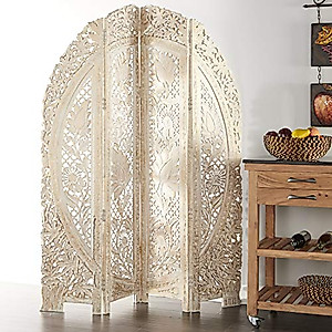 Deco 79 Wood Floral Handmade Hinged Foldable Arched Partition 4 Panel Room Divider Screen with Intricately Carved Designs, 60" L x 2 "W x 72"H, White