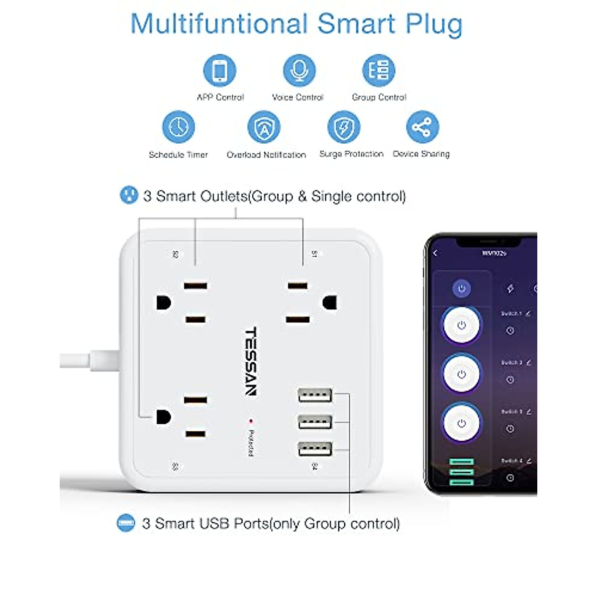 Smart Power Strip Surge Protector, TESSAN WiFi Extension Cord with 3 Individually Remote Controlled Outlets 3 USB Ports, Timer Smart Plug Switch for Lights, Lamps, Fan, Works with Alexa & Google Home