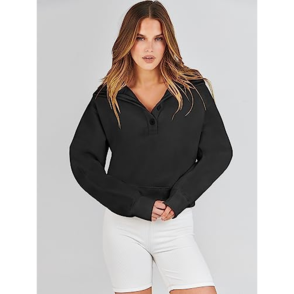 Prinbara Hoodie for Women Pullover Long Sleeve Sweatshirt Button down V Neck Teen Girls Fall Trendy Y2k Clothes Oversized Sweater 2023 1PA139-heise-M Black