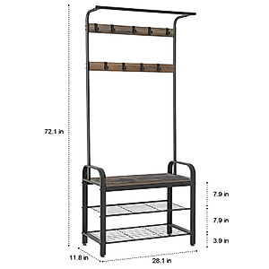 cenivi Hall Tree with Bench and Shoe Storage, 4-In-1 Entryway Bench with Coat Rack, with Hanging Rod, 9 Removable Coat Hooks, Shoes Rack, Assembled Hall Tree with Storage Furniture, Gray