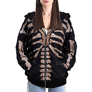 ASTANFY Skeleton Oversized Zip Up Hoodie Women Halloween Skull Sweashirt Y2k Skull Sweashirt Fall Streetwears Pullover Tops