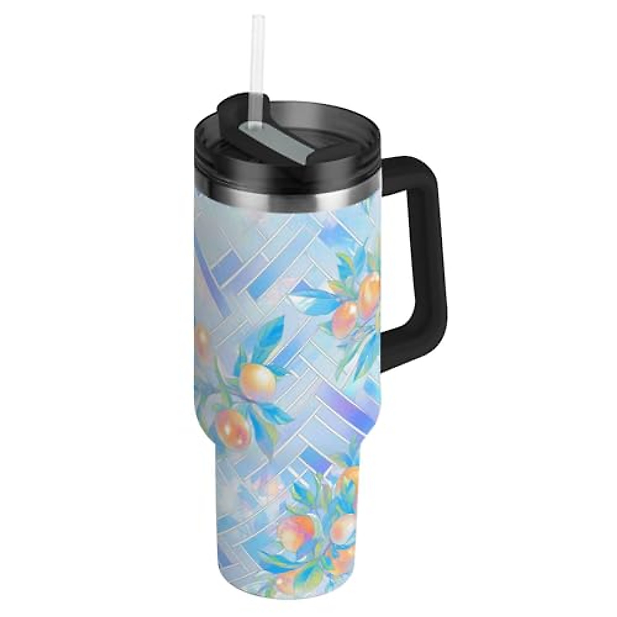 linqin Fruits Stripe Vacuum Tumbler Insulated with Lid and Straw 40 oz Stainless Steel Water Bottles Wide Mouth Travel Coffee Mug for Water, Iced Tea or Coffee