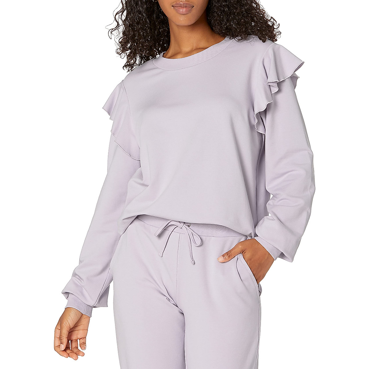 The Drop Women's Ruby Ruffle Sleeve Crewneck Sweatshirt, Dusty Purple, S